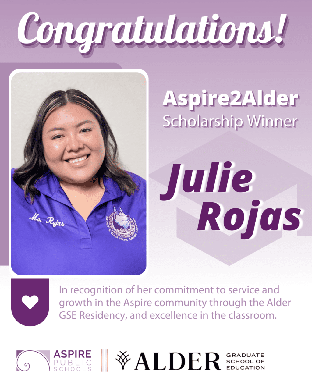 Introducing our Aspire2Alder Scholarship winners, Julie Rojas and ...